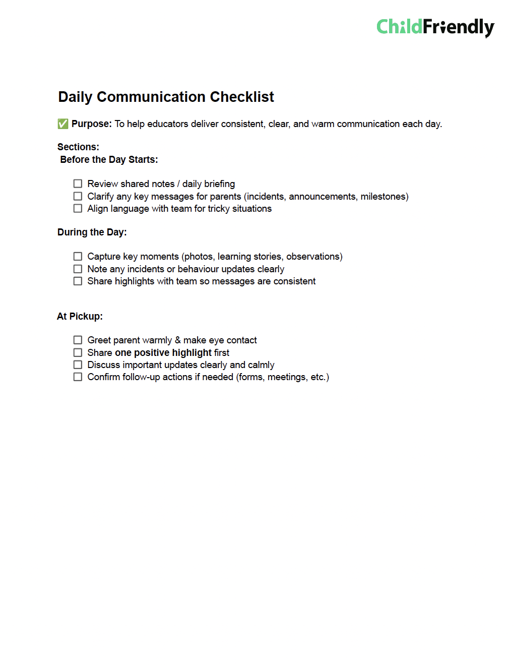 Daily Communication Checklist | ChildFriendly