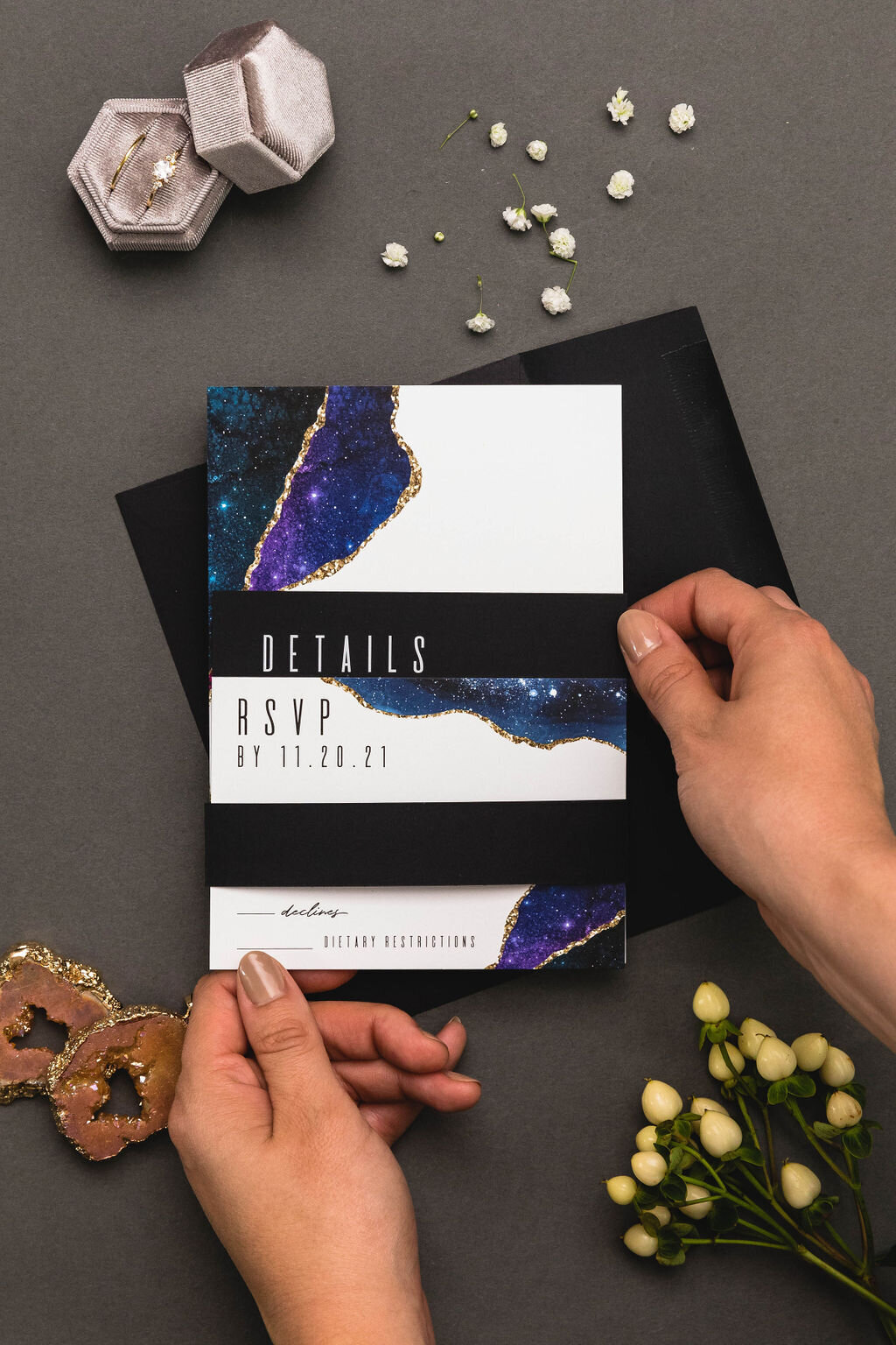 Modern geode style wedding invitation template with agates.
