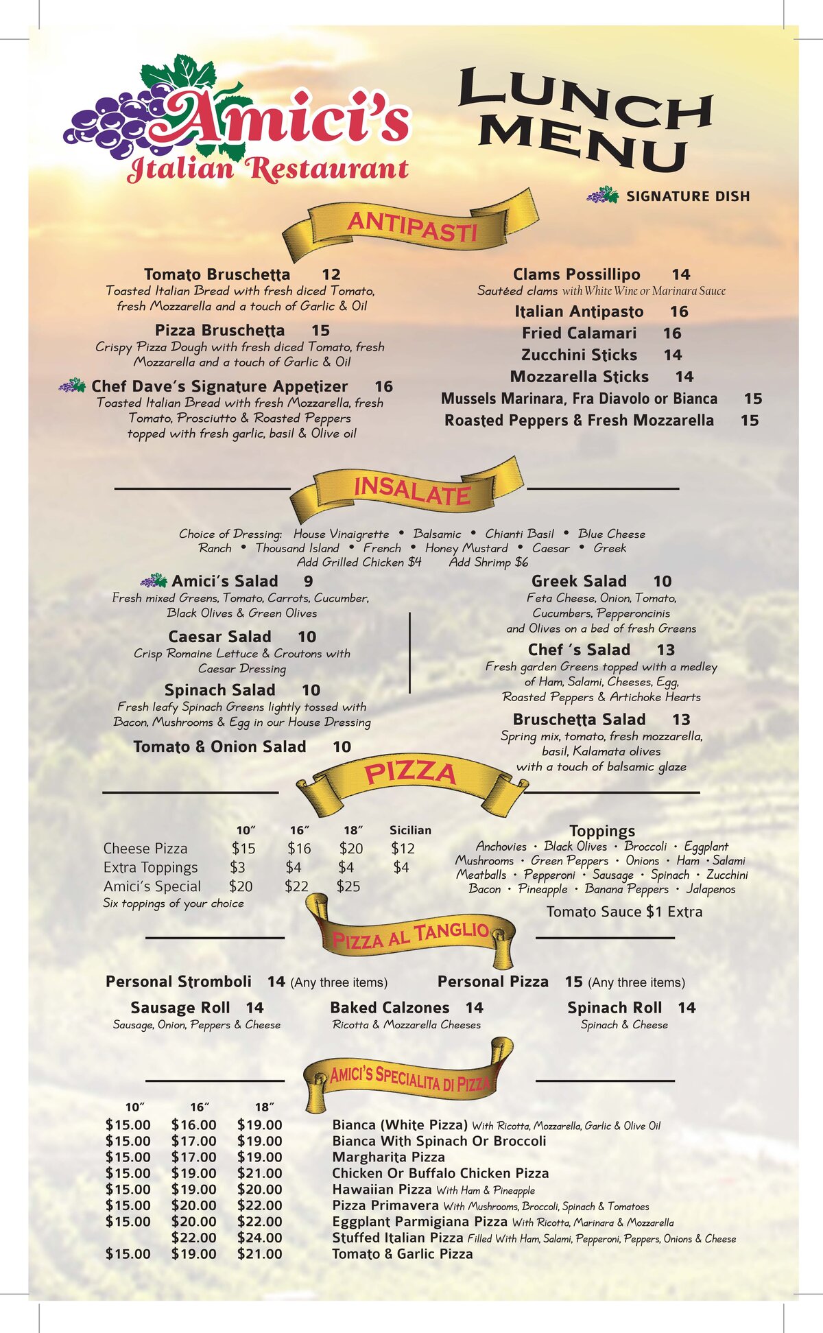 Amicis lunch menu