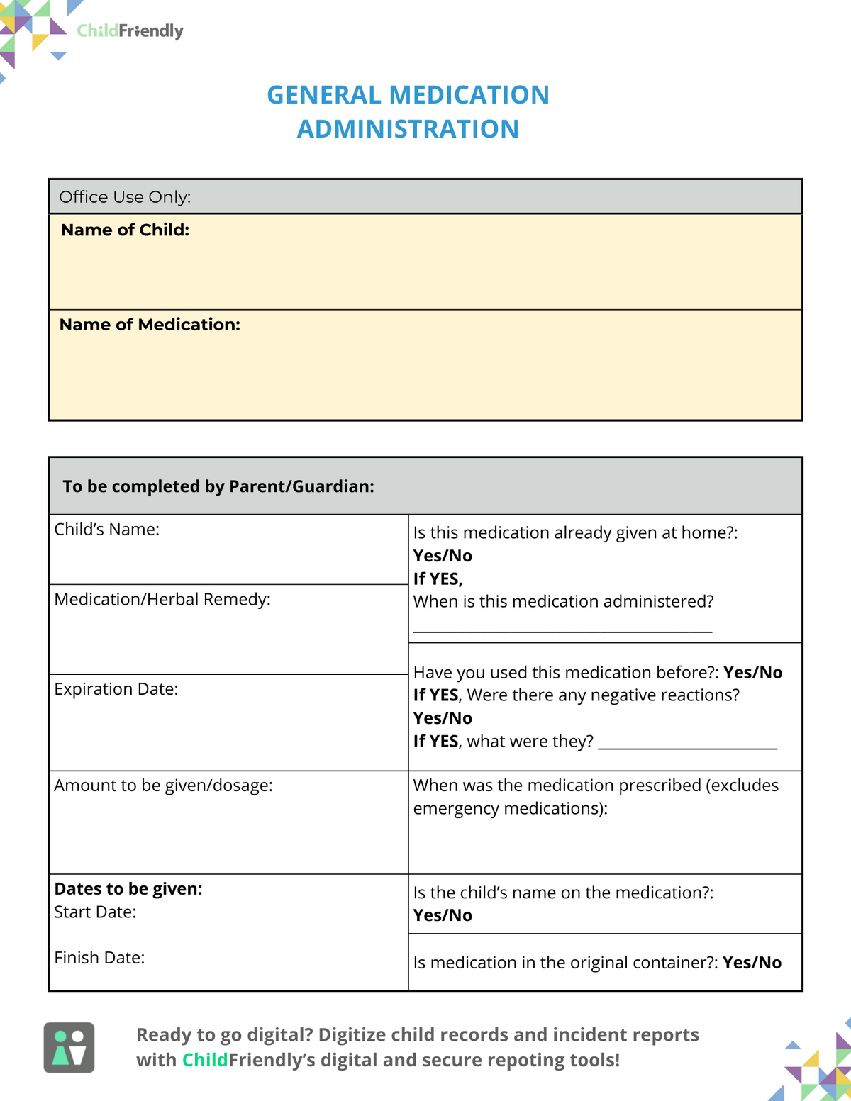 Regular Medication Form Template | ChildFriendly