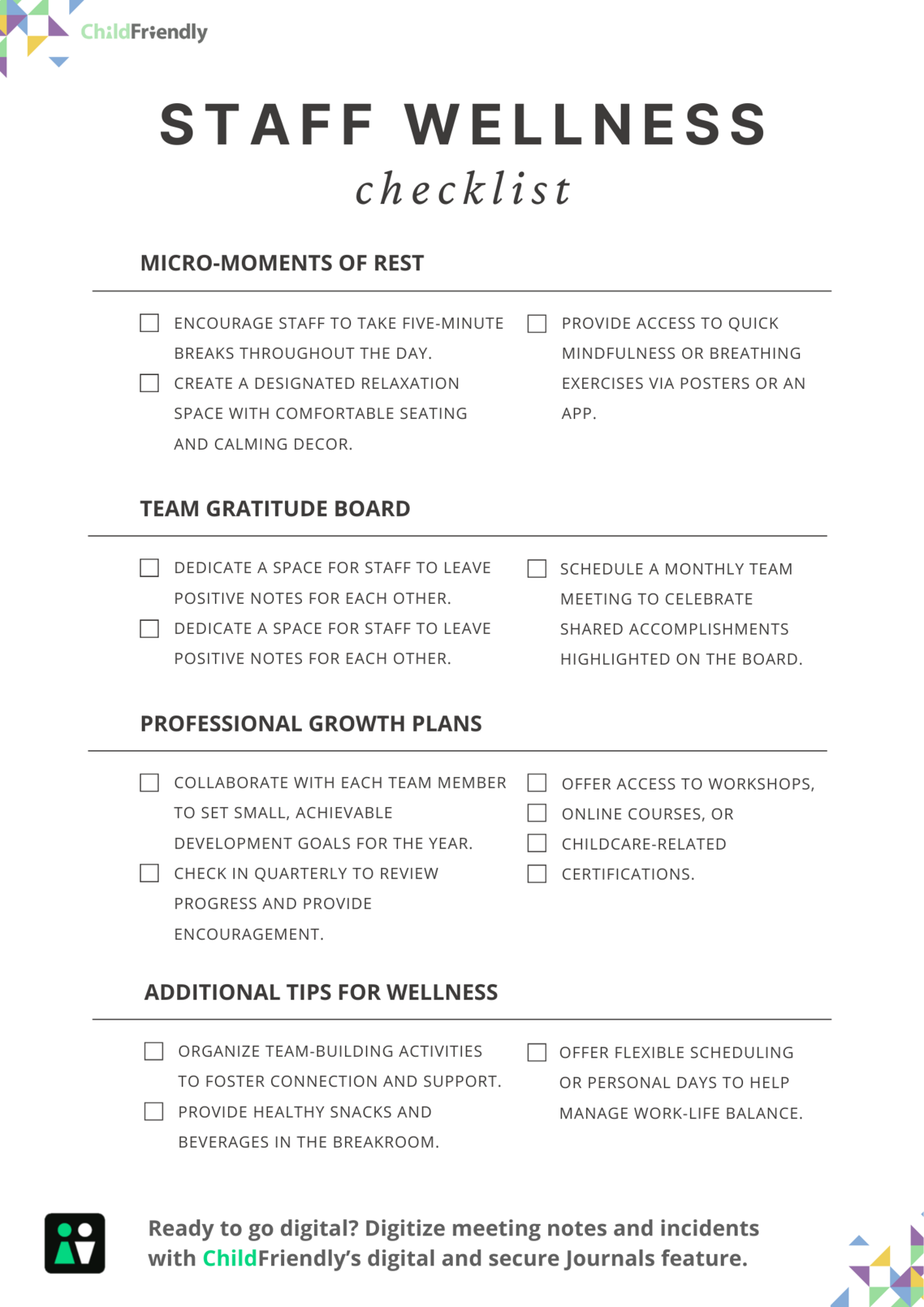 Staff Wellness Checklist Template | ChildFriendly