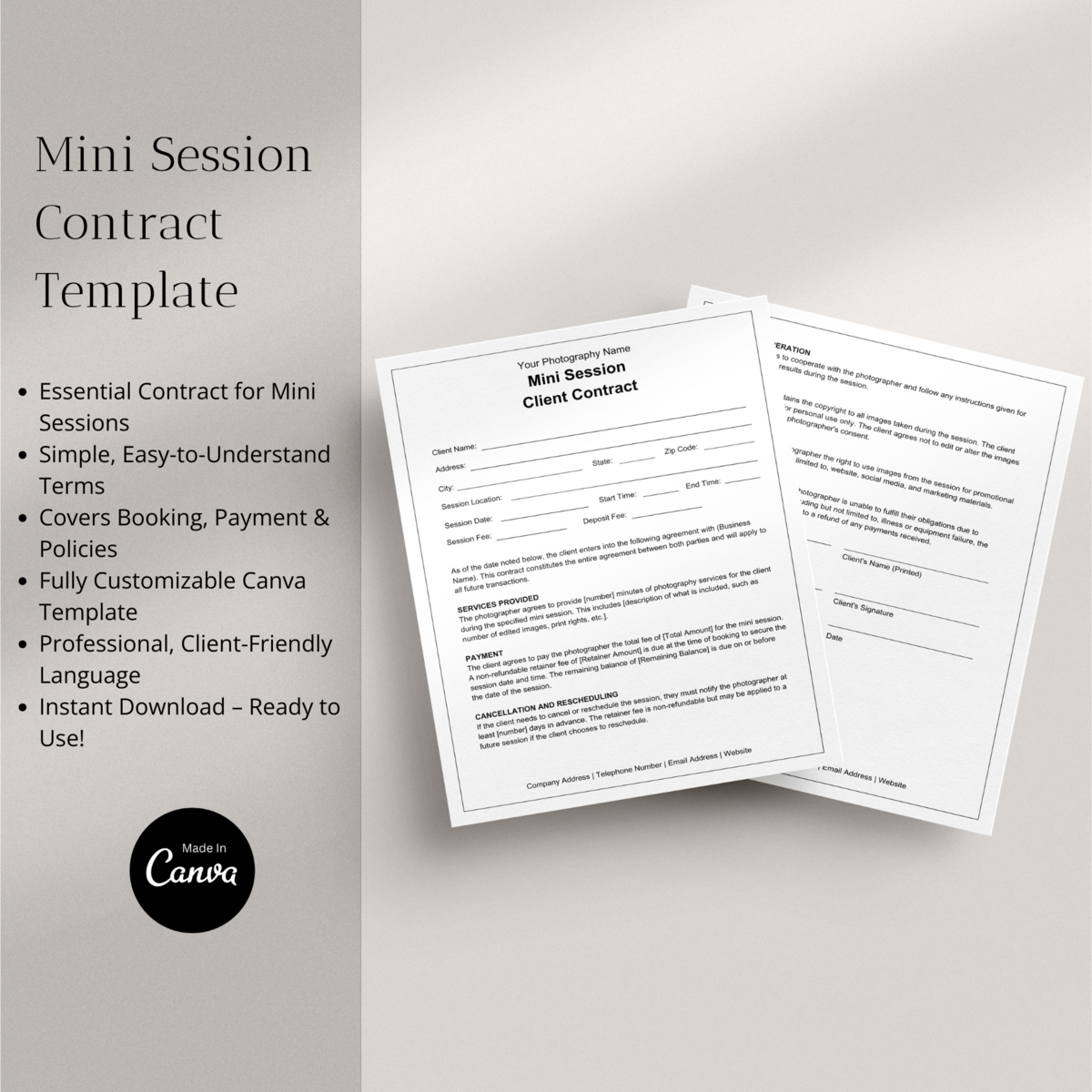 Mini Session Contract Template for Photographers