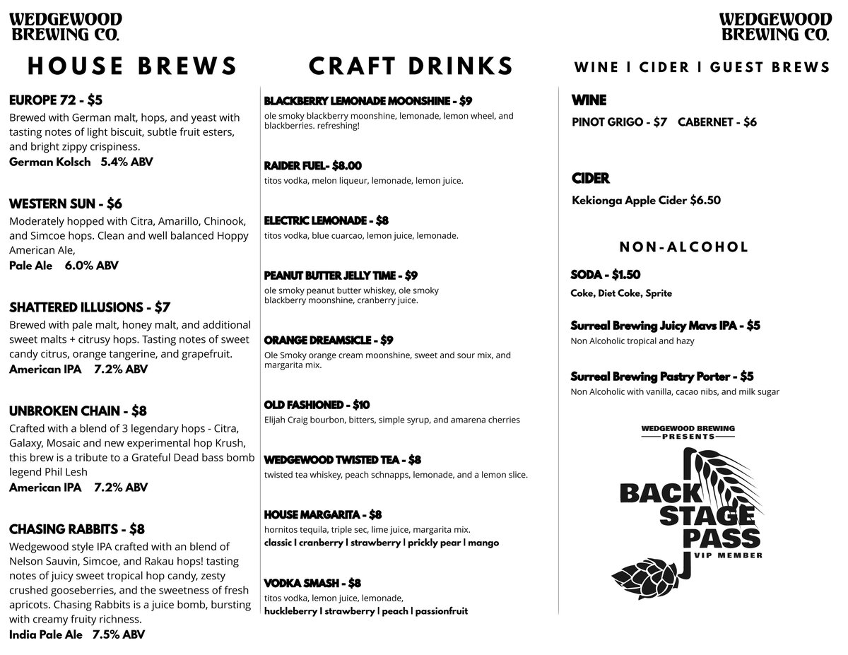 Wedgewood Brewing Drinks and Food Menu