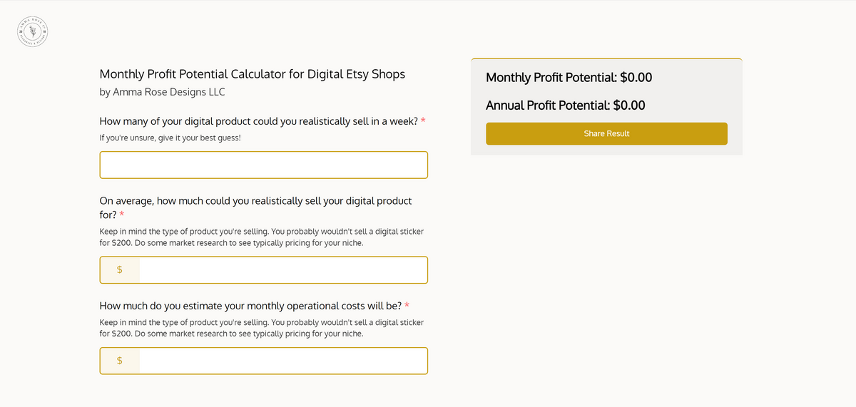 Digital Etsy Shop Profit Potential Calculator