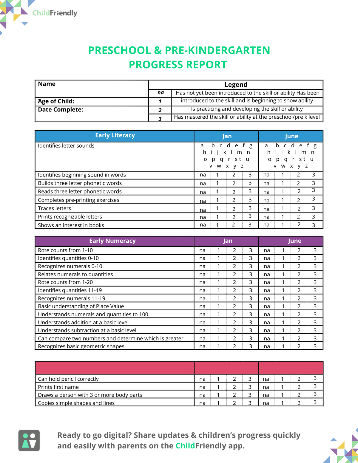 Pre-School & Pre-Kindergarten Progress Report Template