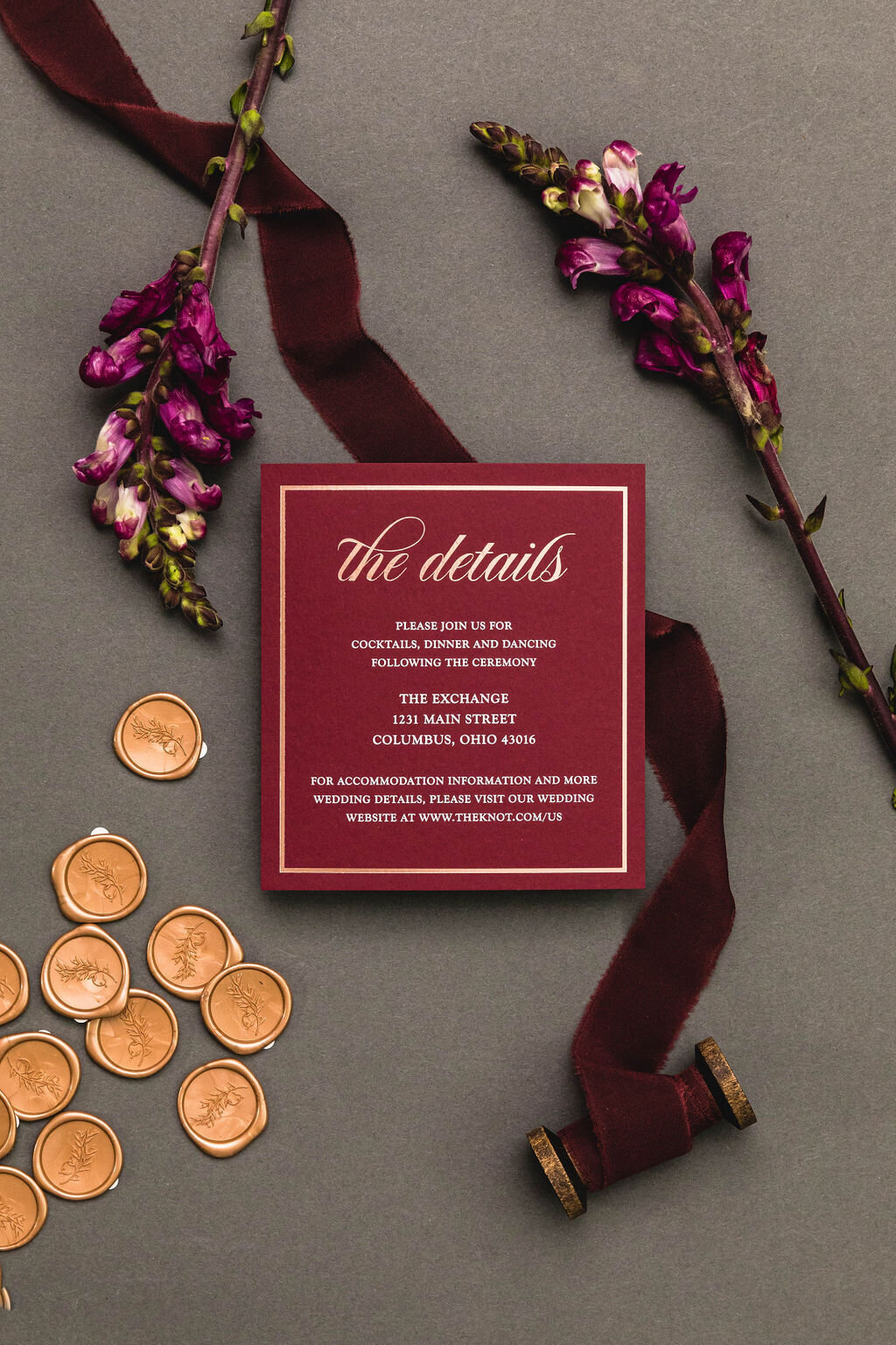 Moody romantic burgundy wedding invitation with rose gold