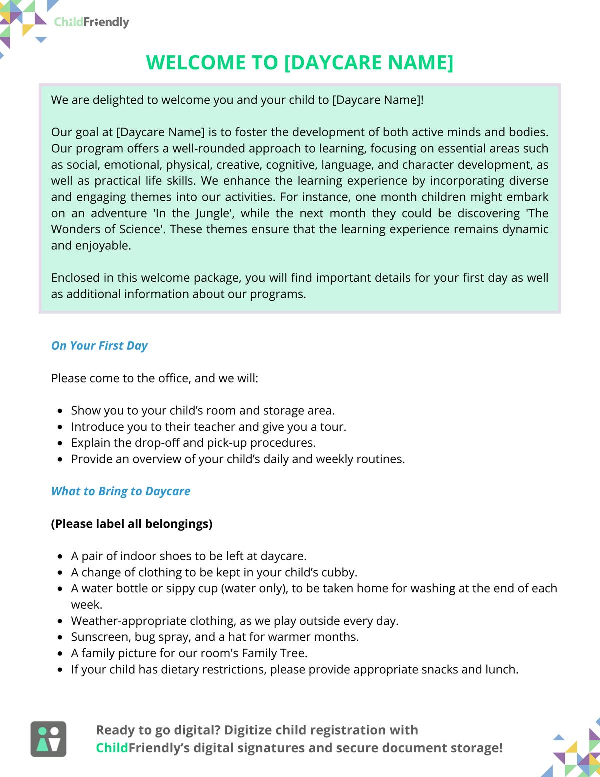 Welcome Letter Template | ChildFriendly