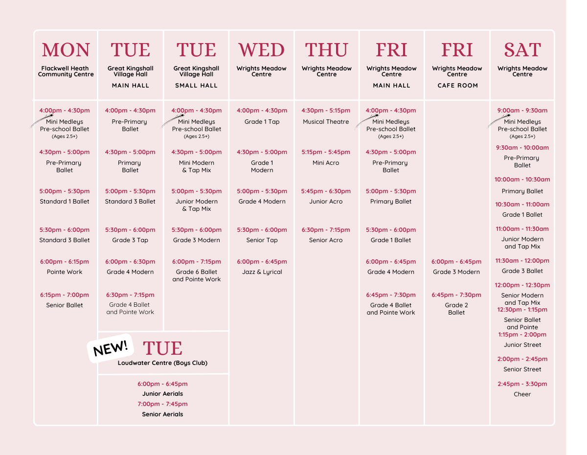 Dance Classes Timetable | Medley School of Dance