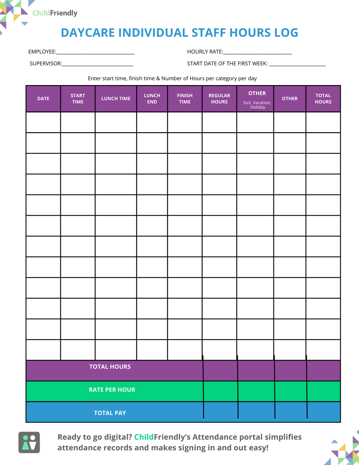 Daycare Individual Staff Hours Log Template | ChildFriendly