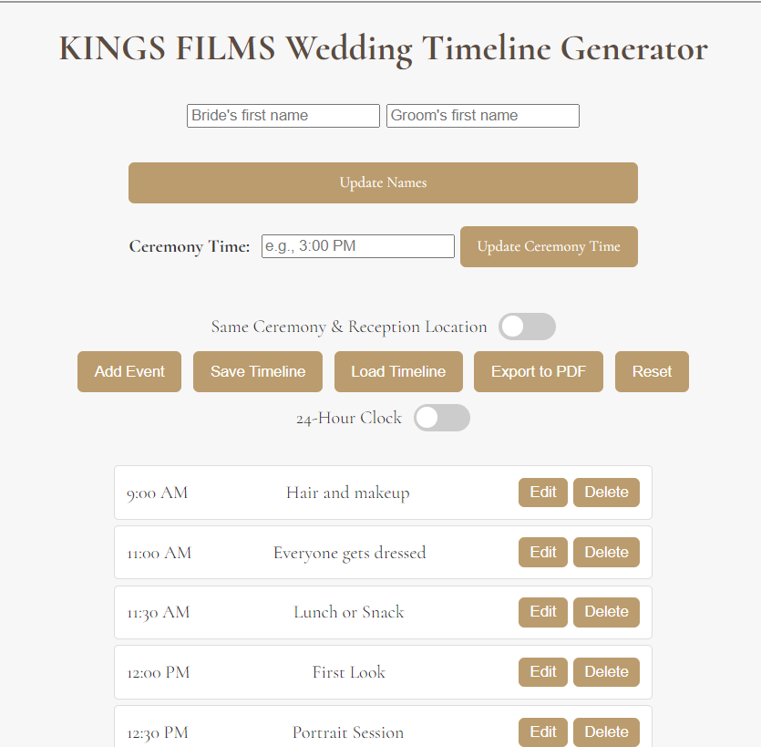 Wedding Timeline Generator | Kings Films