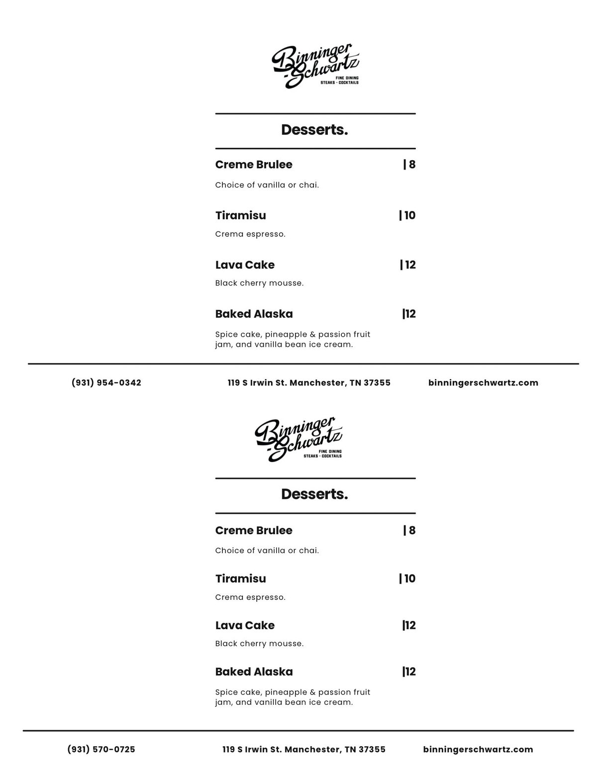 Menu - Binninger-Schwartz