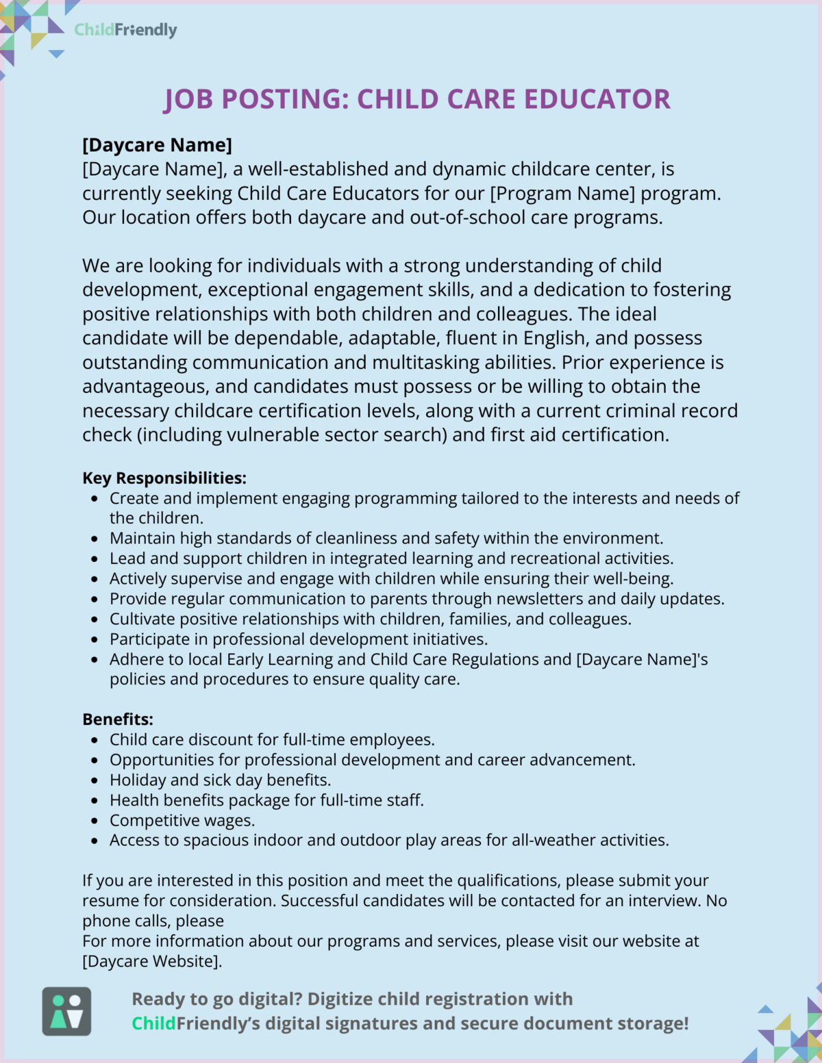 Child Care Educator Job Posting | ChildFriendly