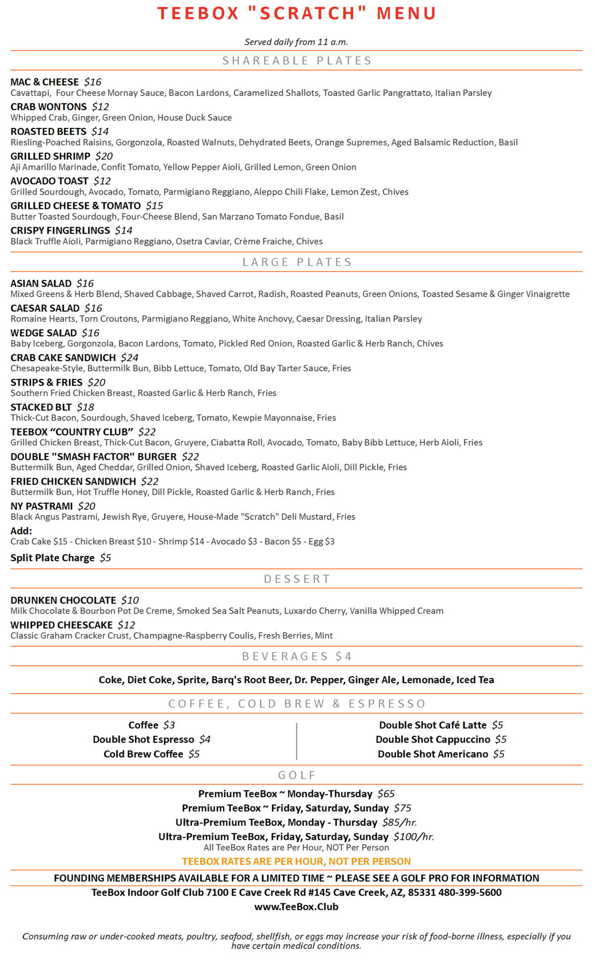 Menu | TeeBox Indoor Golf Club