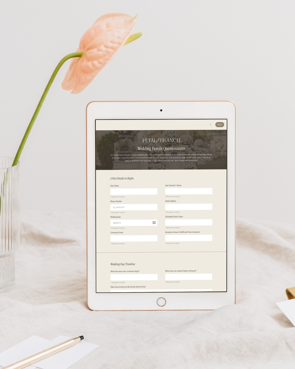 Wedding Florist HoneyBook Intake Questionnaire Template