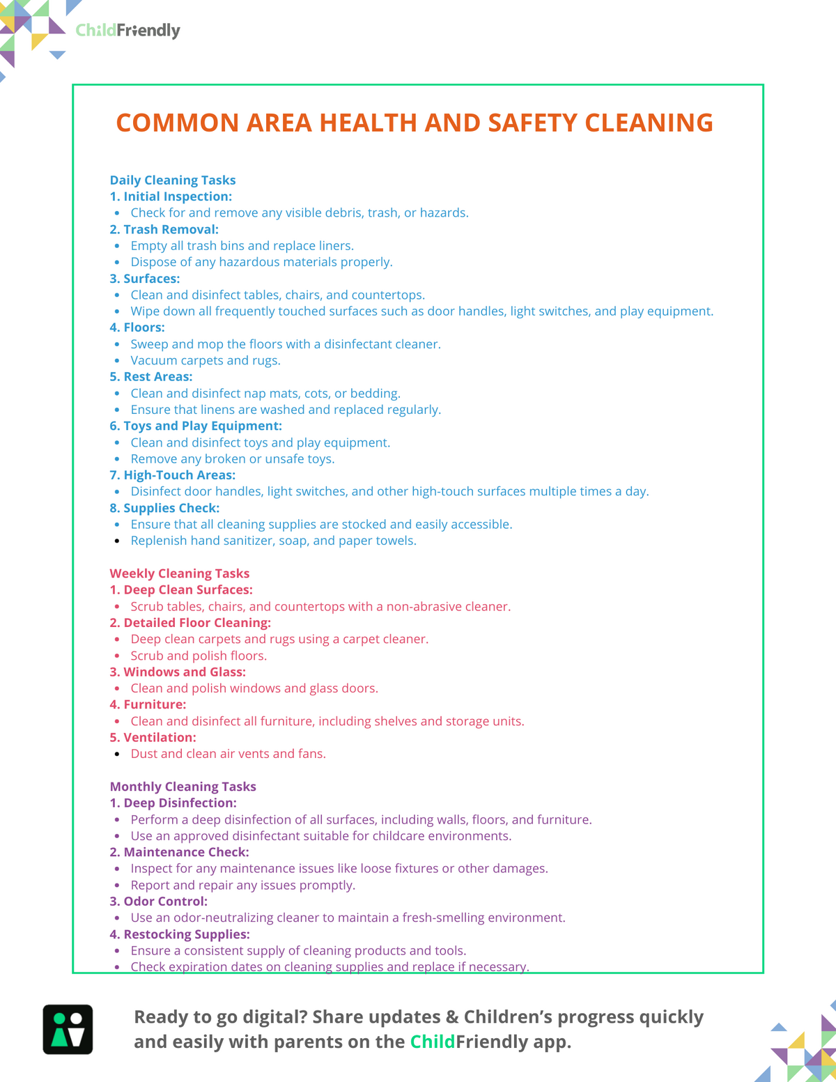 Common Area Cleaning Checklist Template | ChildFriendly