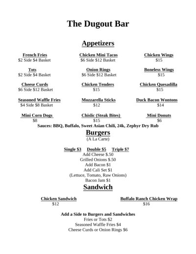 The Dugout Bar Menus | Happy Hour, Seasonal and Food Menus