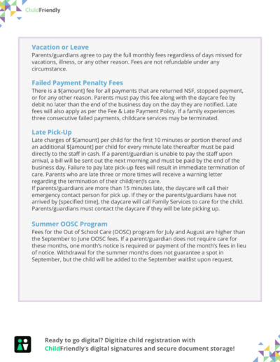 Fee Policies Template | ChildFriendly