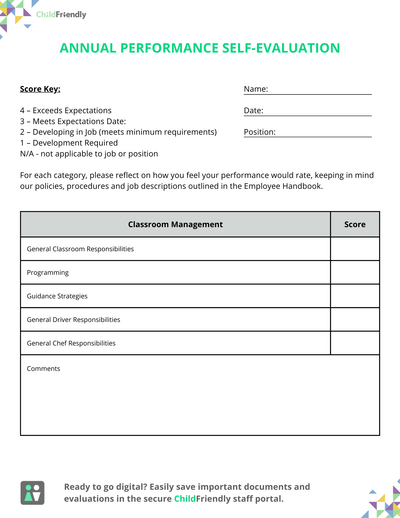 Annual Performance Self Evaluation Template | ChildFriendly