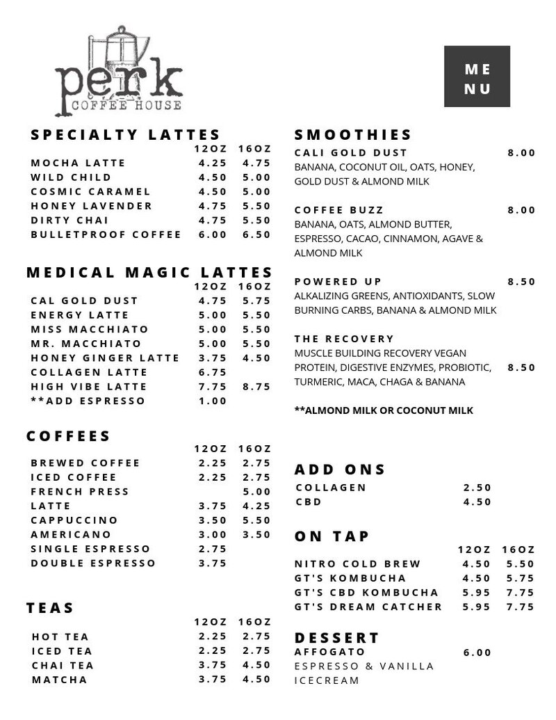 Menu Perk Coffee House In Tequesta And North Palm Beach