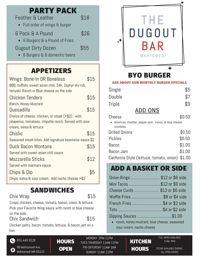The Dugout Bar Menus | Happy Hour, Seasonal and Food Menus